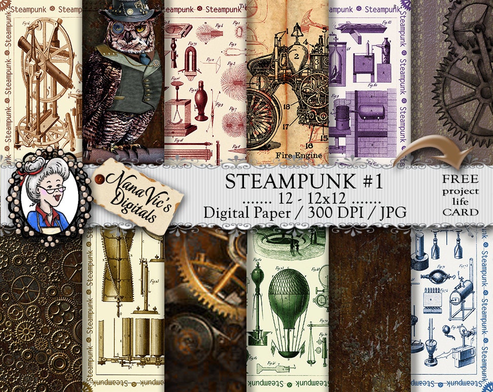 Steampunk Digital Paper Steampunk Scrapbooking Owl Cogs