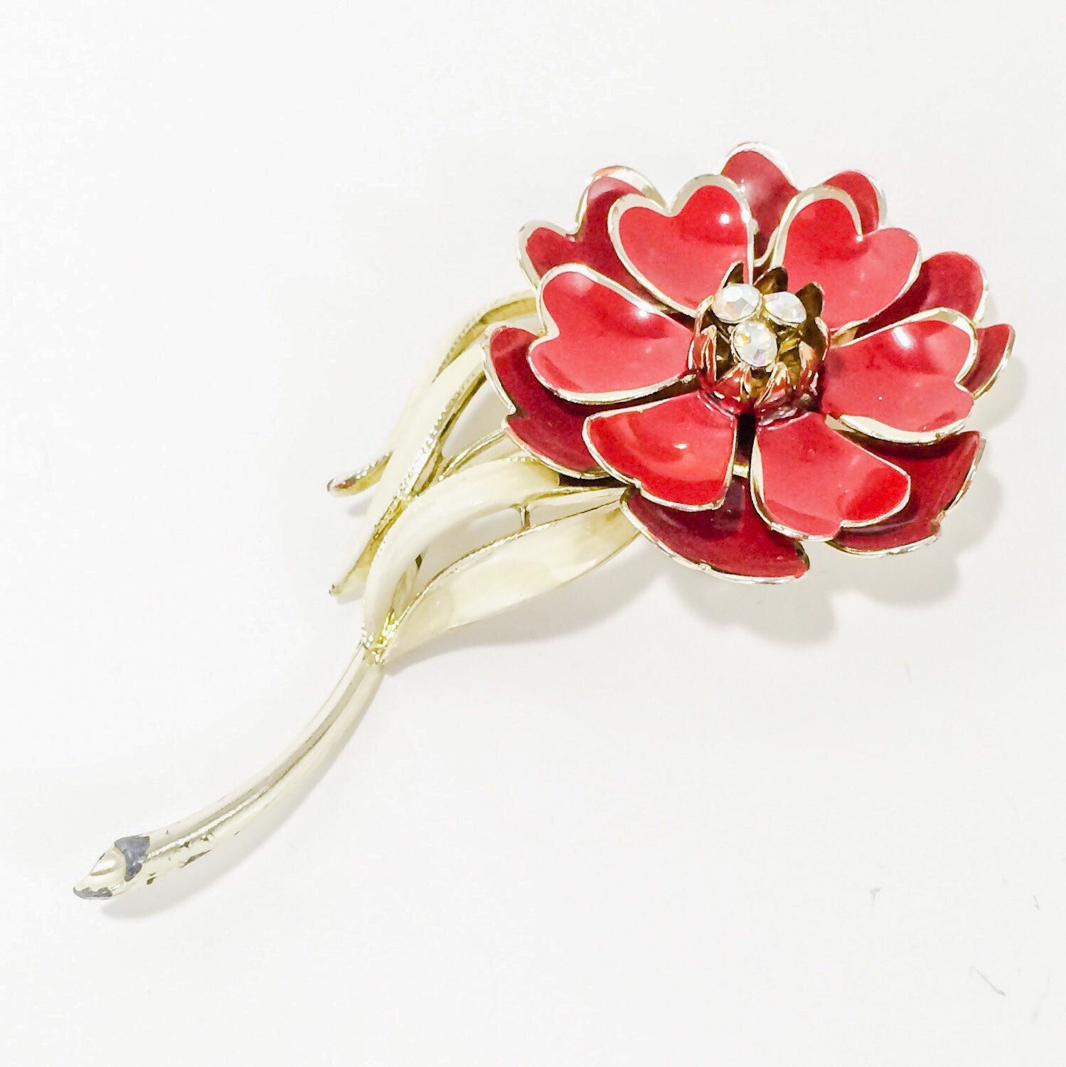 Vintage signed CORO enameled flower pin brooch ab-rhinestones