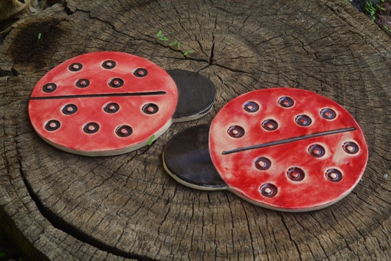 Ceramic lady bug. Pair of ladybugs. Red ladybug. Garden decor.