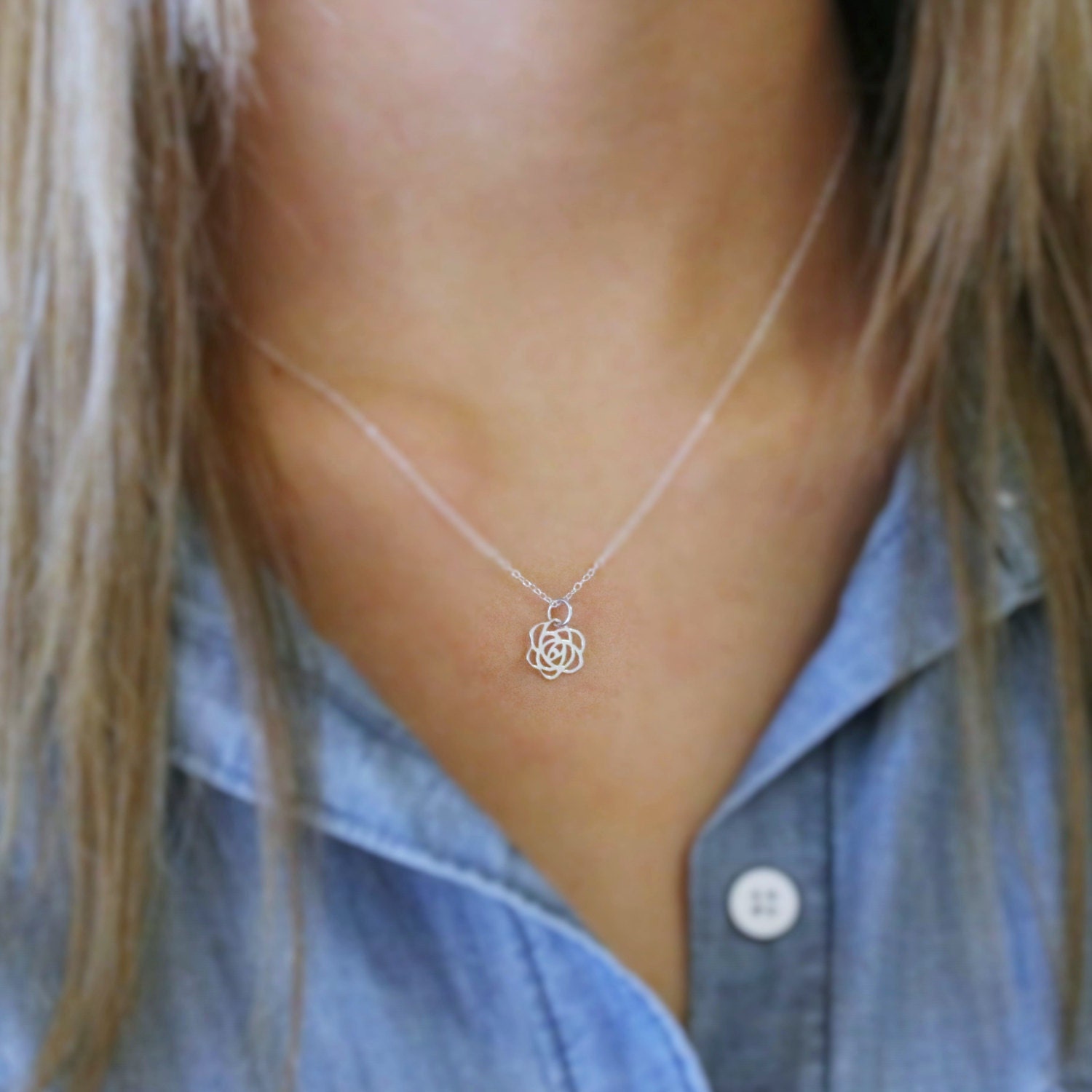 Rose Necklace Tiny Sterling Silver Rose Charm Necklace