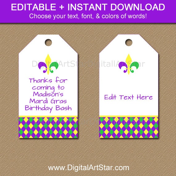 Printable Mardi Gras Tags Editable Mardi Gras Hang Tags