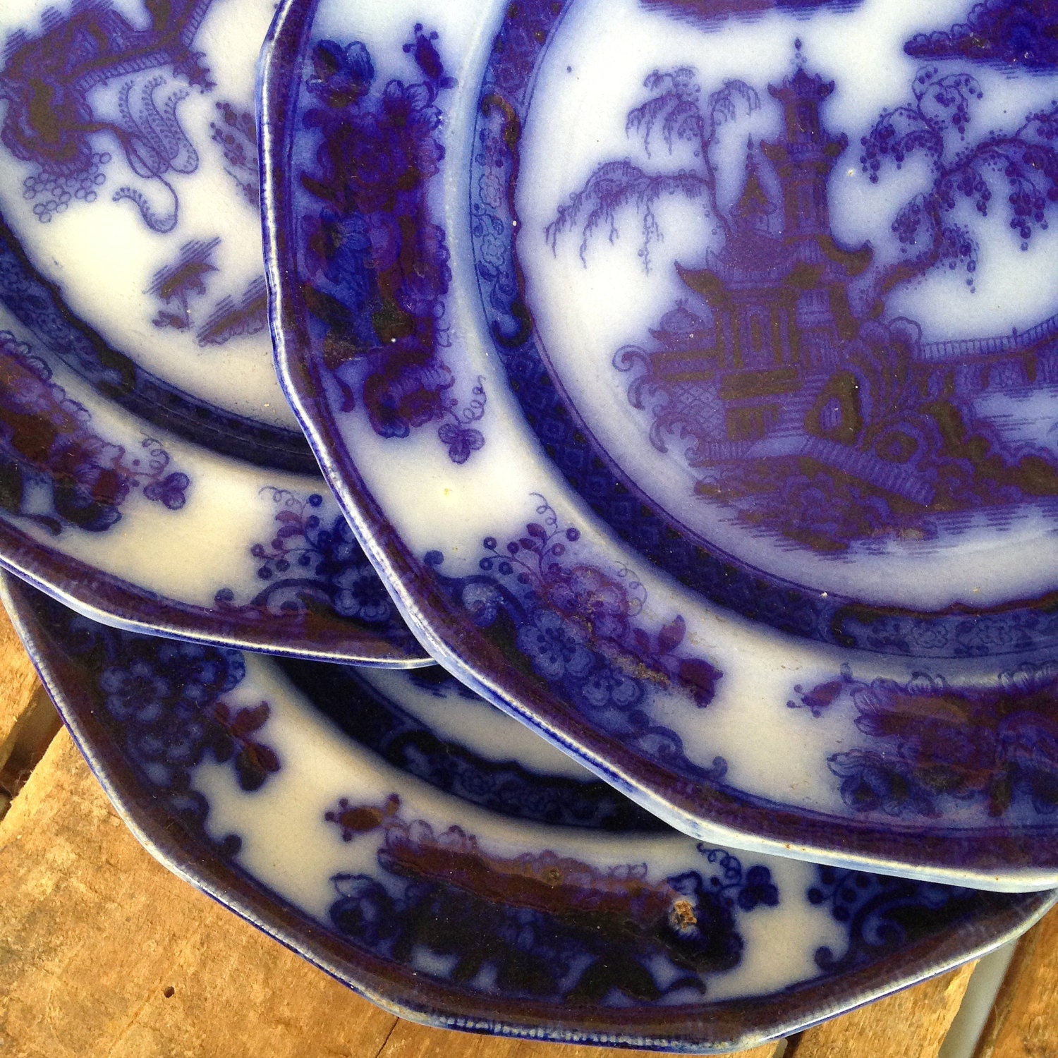 Flow Blue Plate Pelew Pattern by E. Challinor