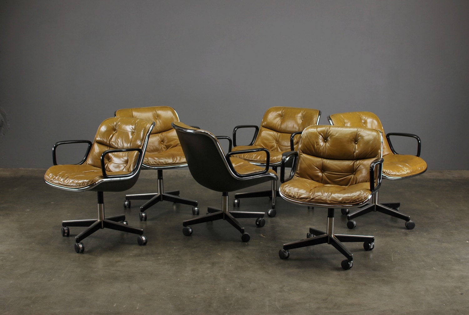 Set of 6 Charles Pollock Executive Office Chairs Knoll Gold-Brown ...