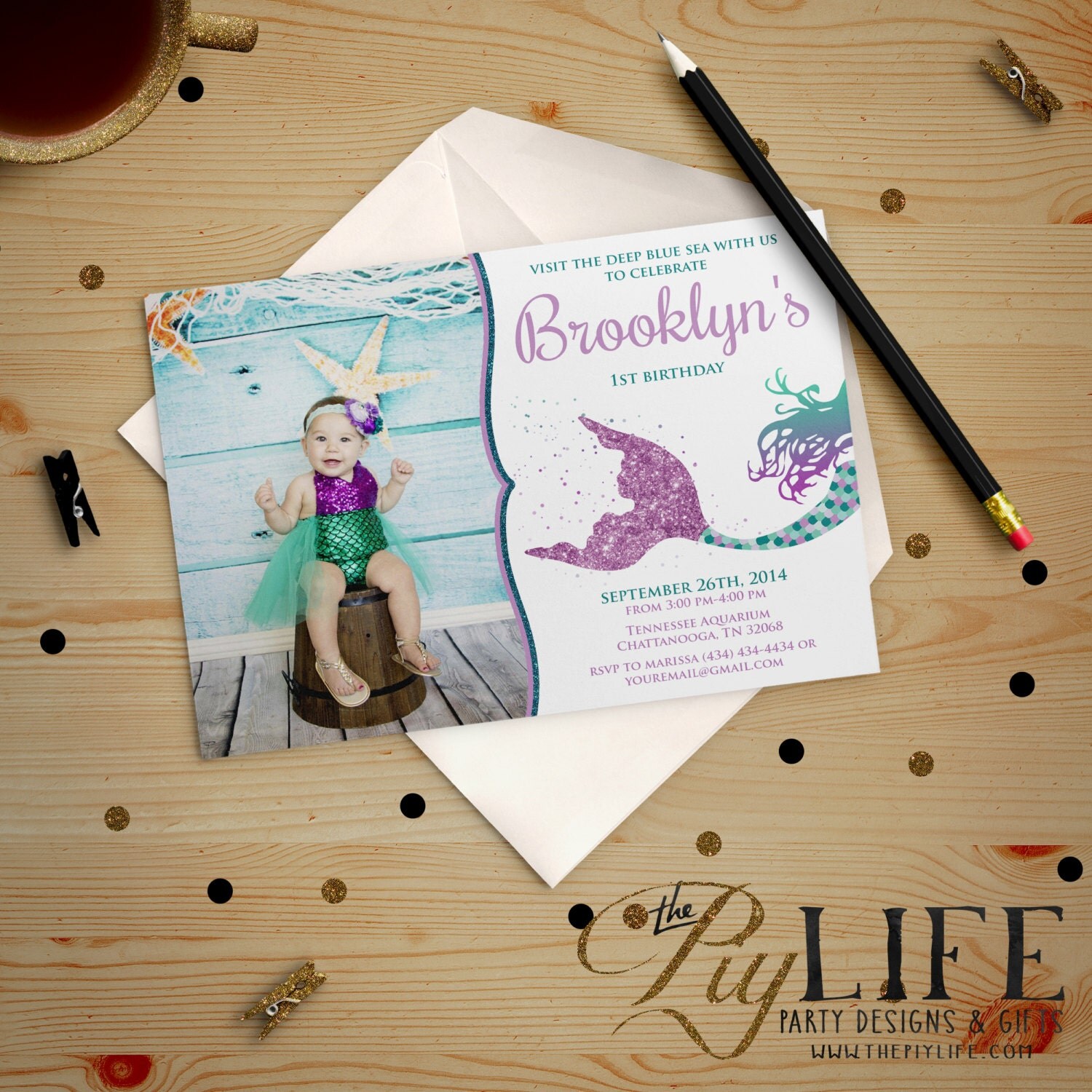 Glitter Siren Mermaid Under The Sea Birthday Invitation With