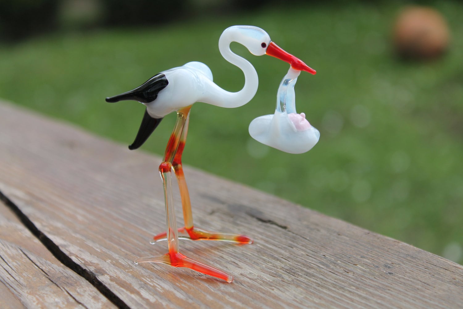 Stork with Baby Bundle Figurine Blown Glass Shower Gift The