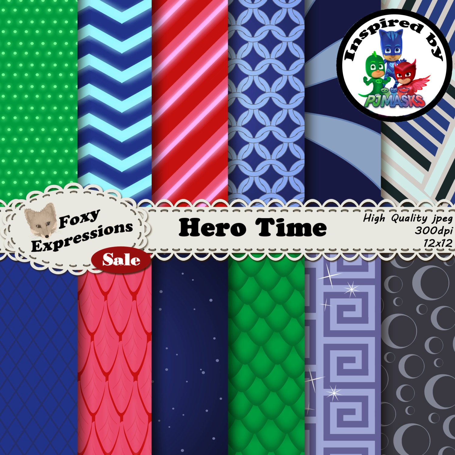Hero Time digital paper inspired by PJ Masks. Designs include