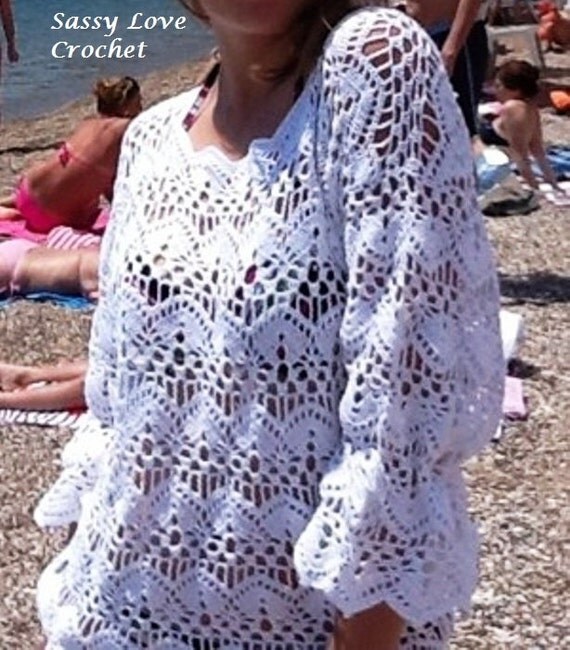 Crochet Tunic Top Designer Open-weave White Beach Cover-up