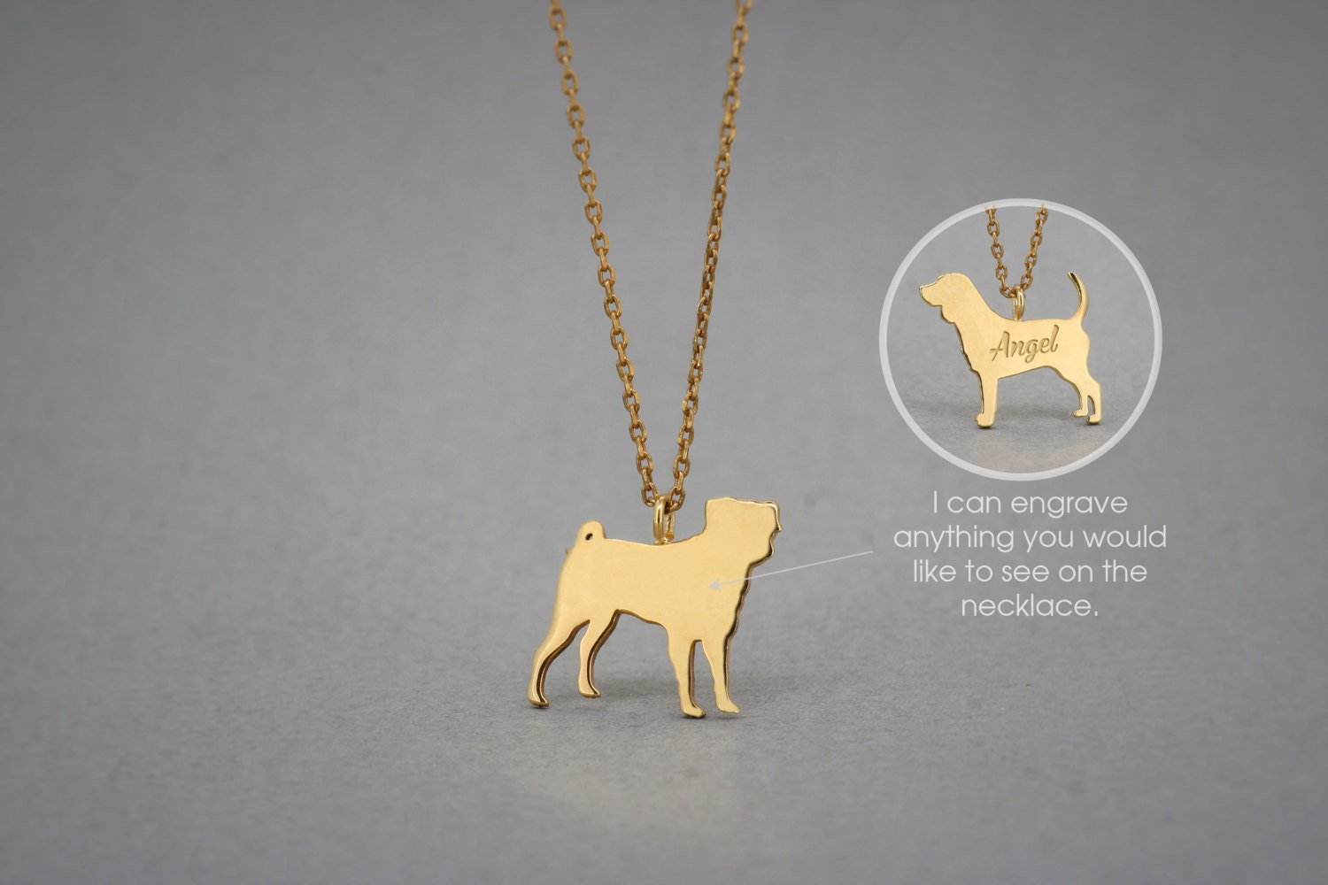 14K Solid GOLD Tiny PUG Name Necklace PUG Necklace Gold