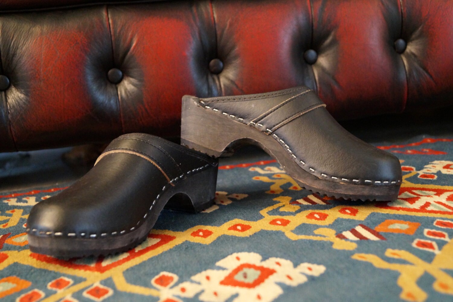 Vintage Black Leather Wooden Clogs Size EUR 36 Genuine Leather