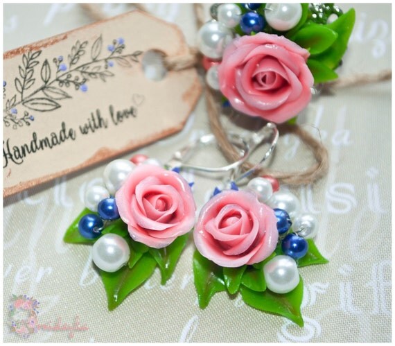 rose jewelry set pink blue rose necklace rose earrings