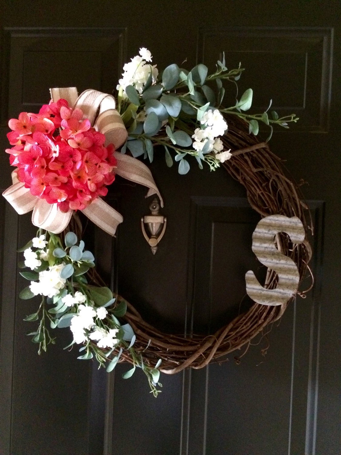 Pink Hydrangea Wreath with Initial Summer by BluebonnetBelleShop