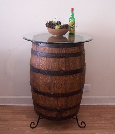 Whiskey Barrel Table c/30 Glass Top-Wrought Iron