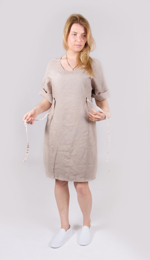 Beige dress Linen dress Oversize linen dress V by Maliposhaclothes