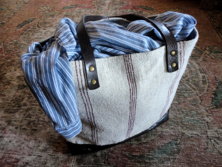 HOMESPUN LINEN TOTE Repurposed Bag Purse with by 1770mercantile