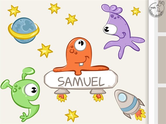 Wall decal baby aliens monster door sign with name