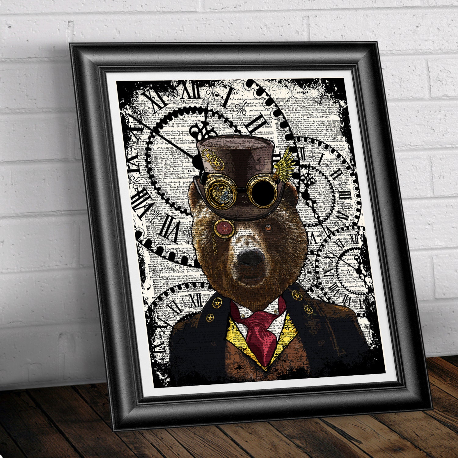 Steampunk Art Print Steampunk Bear Art Book Page by IntheFrameShop