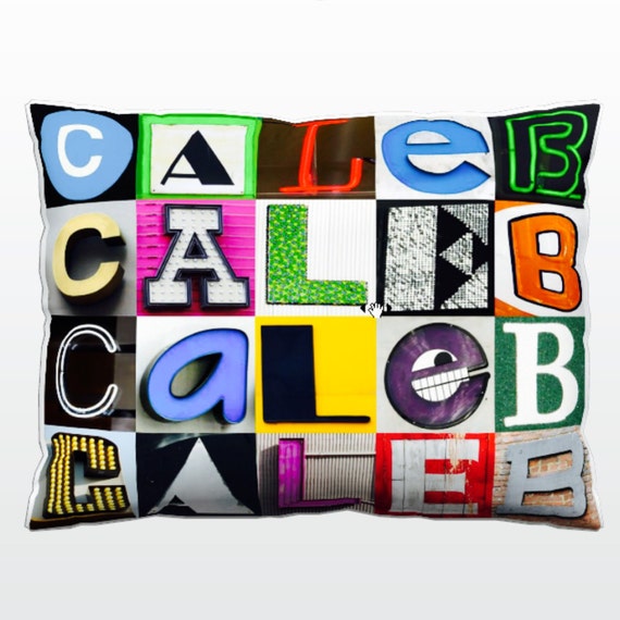 Personalized Pillow featuring CALEB in photos of sign letters