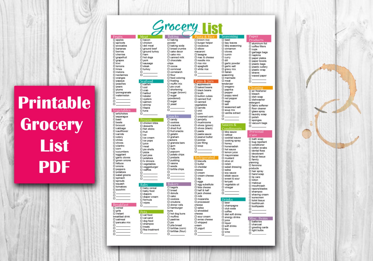 Grocery List Checkmark Printable PDF Instant Download