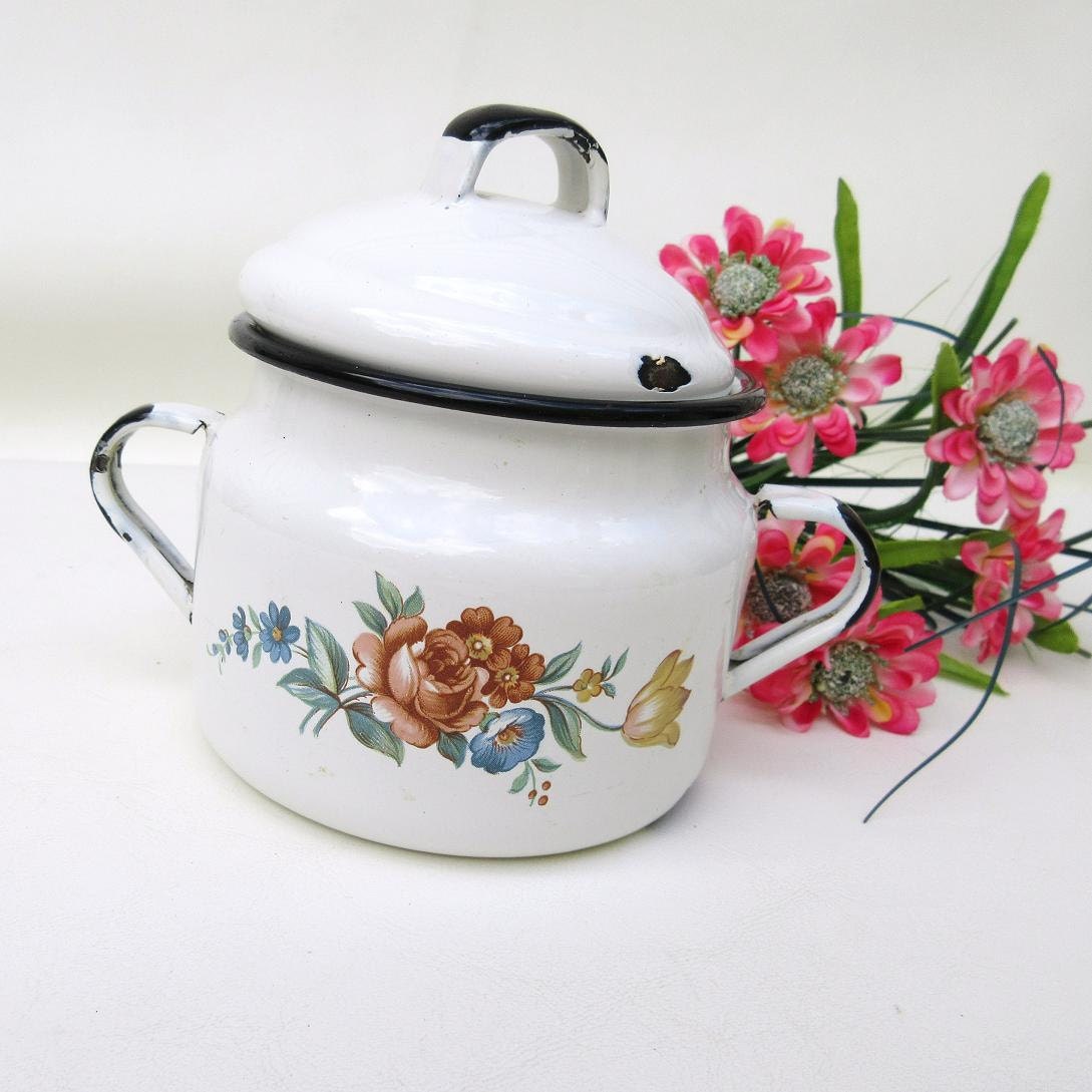 Vintage Enamelware Metal Sugar Bowl Enamel Dish Double
