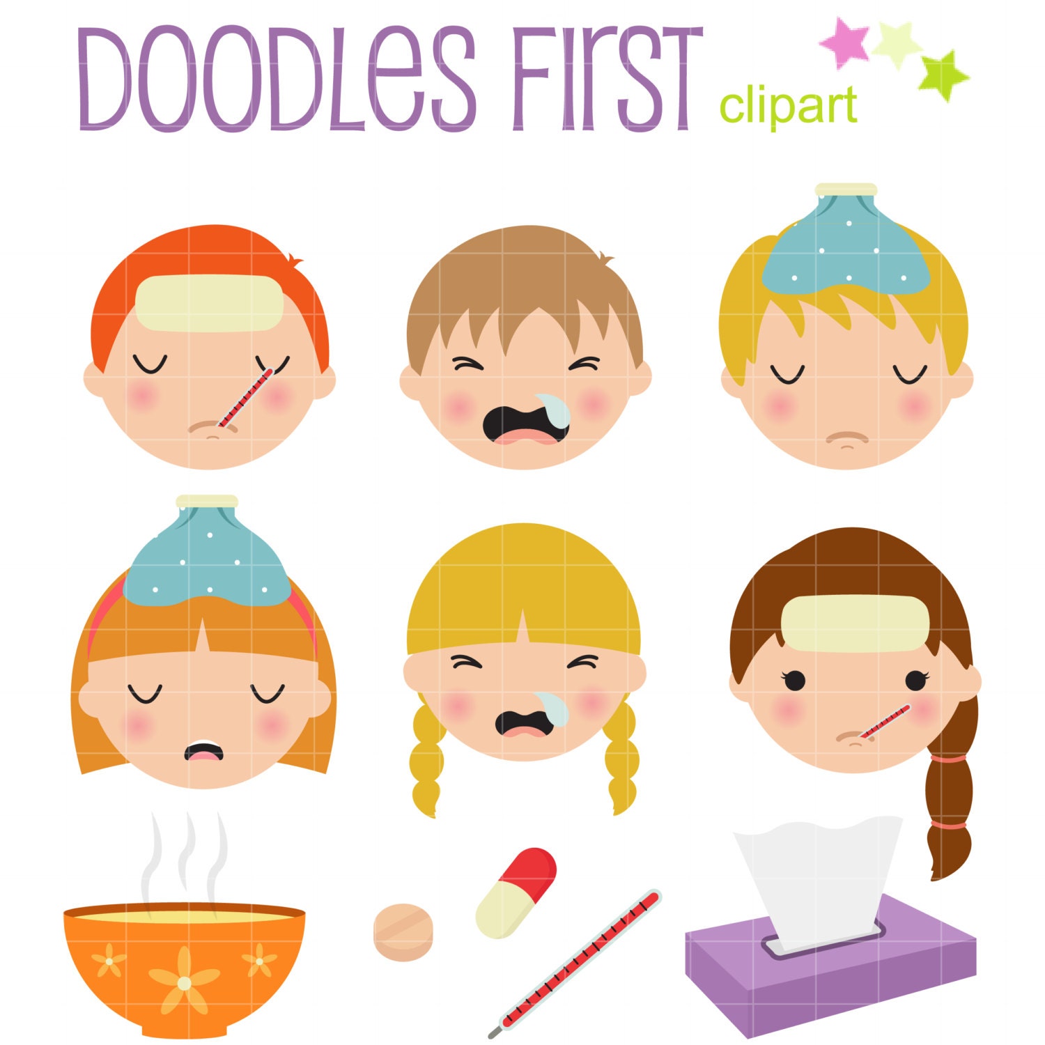 Children Sick Day Clip Art for Scrapbooking Card Making