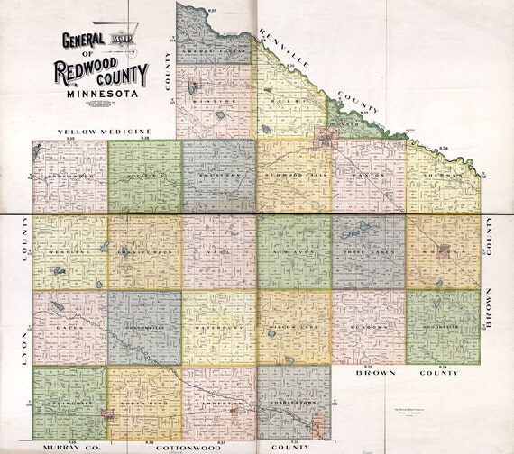 1898 Map of Redwood County Minnesota Redwood Falls