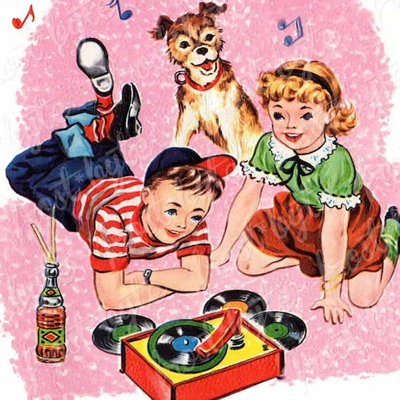 Kids Listening to Records on Phonograph Digital vintage