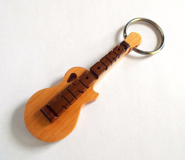 Guitar Name Keychain Custom Carved in Cherry Wood and