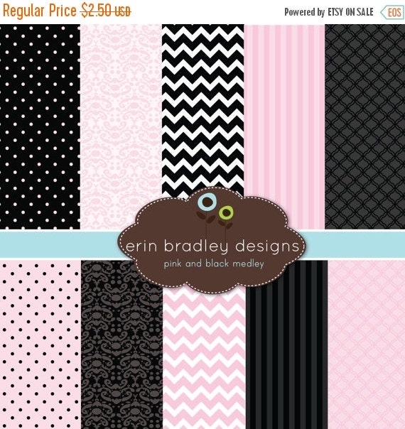 SALE Pink and Black Digital Papers Set by ErinBradleyDesigns