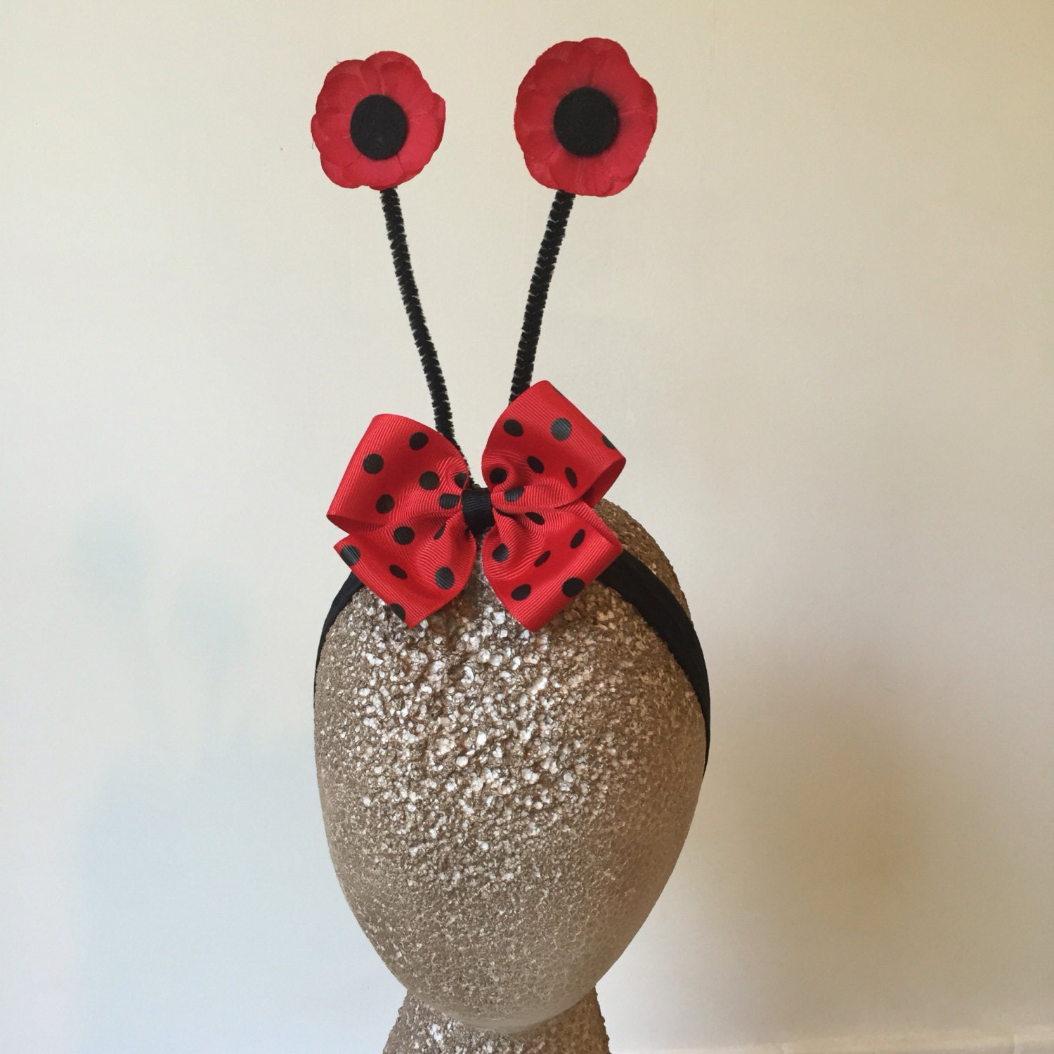 Red and Black Polka Dot Bow Ladybug Antennas Stretch Headband