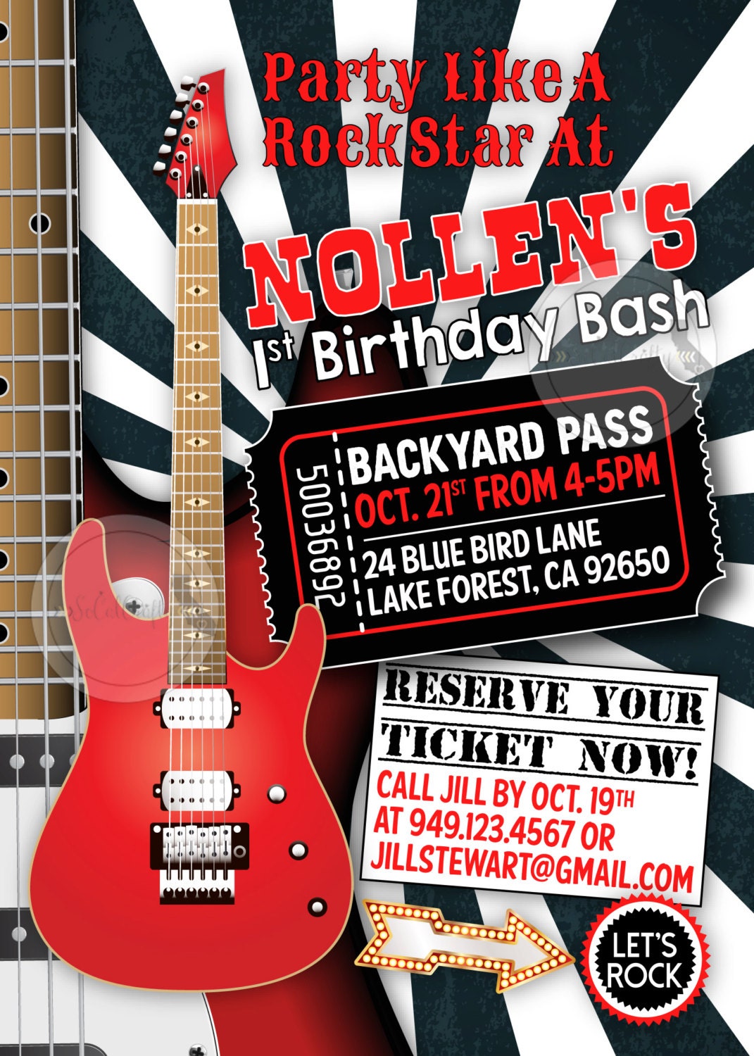 Rock and Roll Birthday Party Invitation Guitar Rock Star