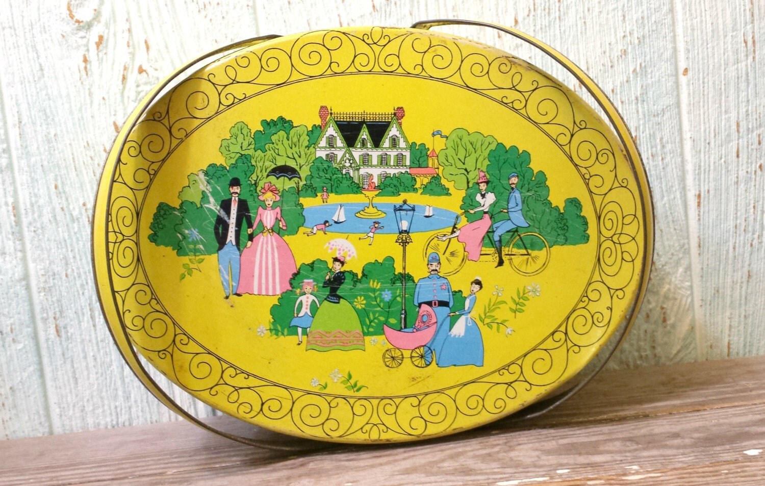 Yellow Tin with Handles, Picnic Tin Sewing Tin Lunchbox Tin, Victorian ...