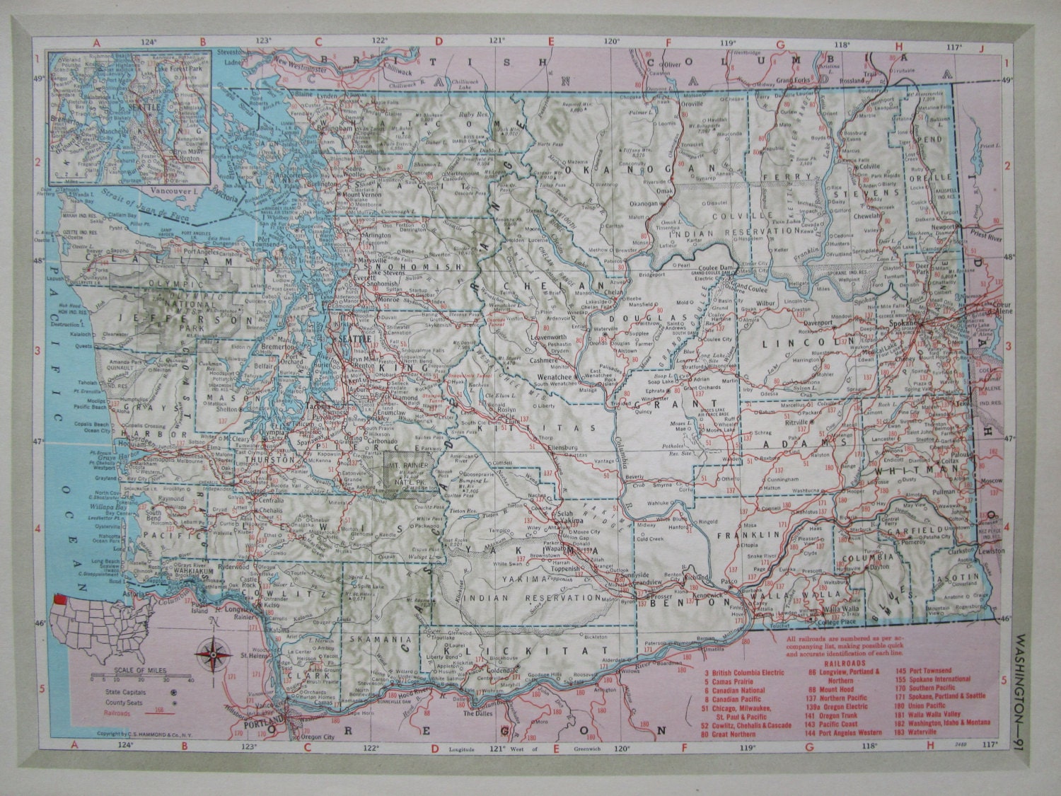 Vintage 1951 WASHINGTON State Railroad Map. by OriginalAntiqueMaps