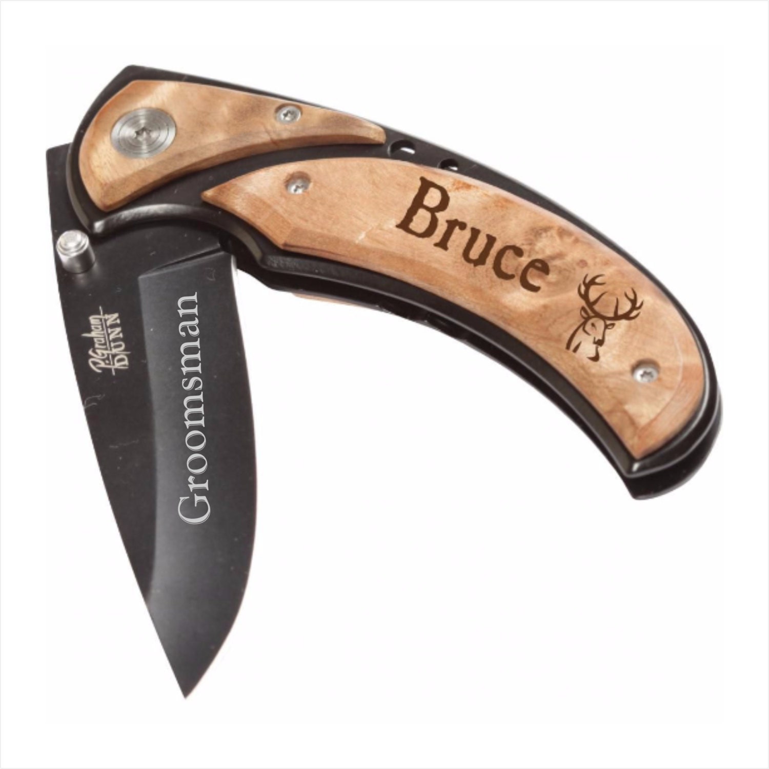 7 of Custom Engraved Black Blade 4.5 Wood Inlay Knife