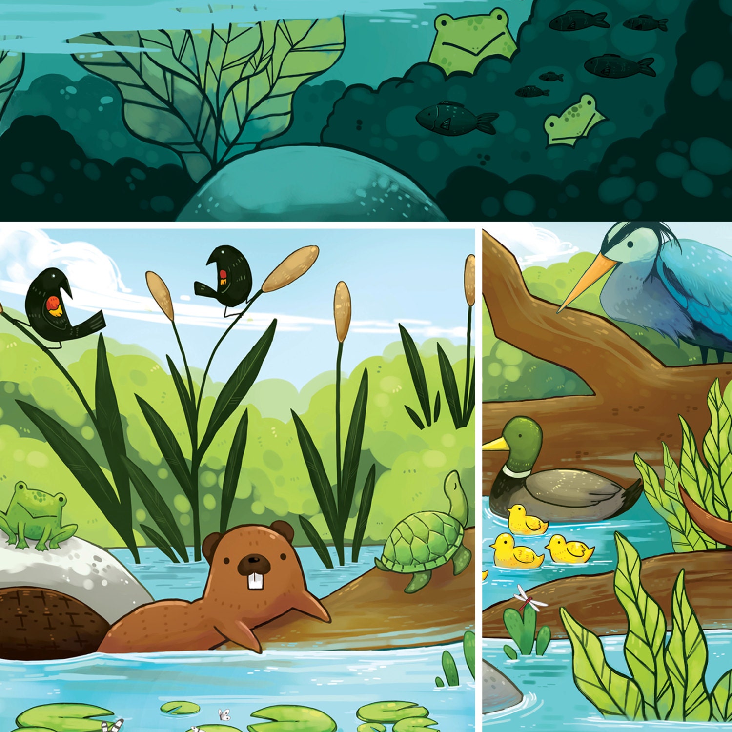 pond and river ecosystem print Children's room artwork
