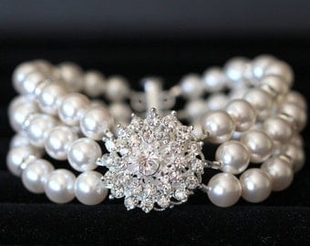 Swarovski Flower Crystal & White Pearl Bracelet, Three Strand Pearl ...