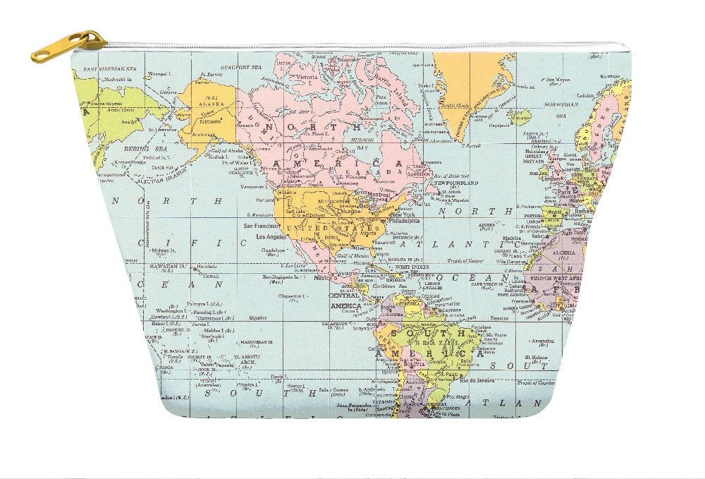 World Map pencil case makeup bag travel wanderlust back to