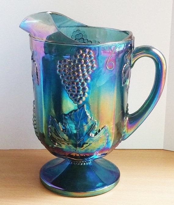 Blue Carnival Glass Pitcher Iridescent Blue by MotownLostandFound Blue Carnival Glass Pitcher Iridescent Blue by MotownLostandFound