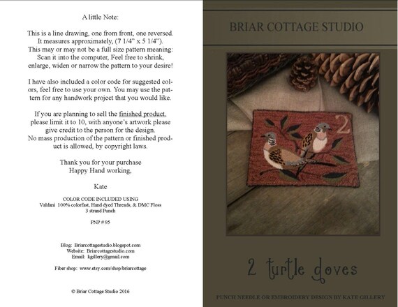 PRINTED Needle Punch Pattern Two Turtle Doves by briarcottage