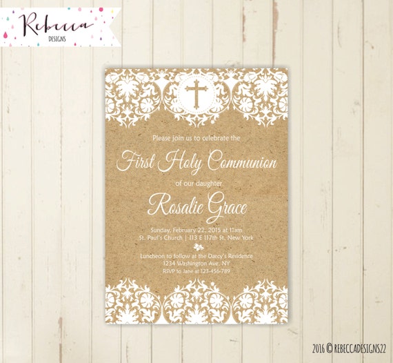 Rustic first communion invitation girl first communion invite