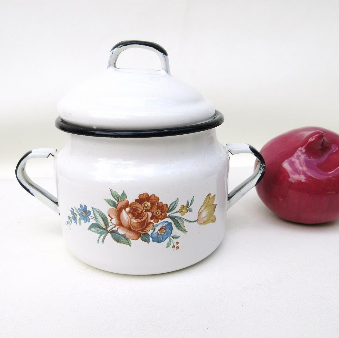 Vintage Enamelware Metal Sugar Bowl Enamel Dish Double