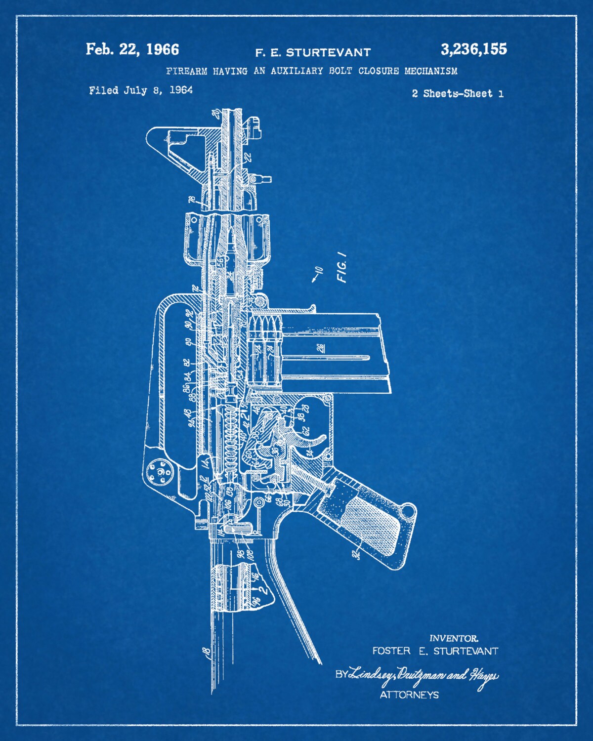 1966 M-16 Rifle Patent AR15 Invented by Sturtevant - Art Print - Poster ...