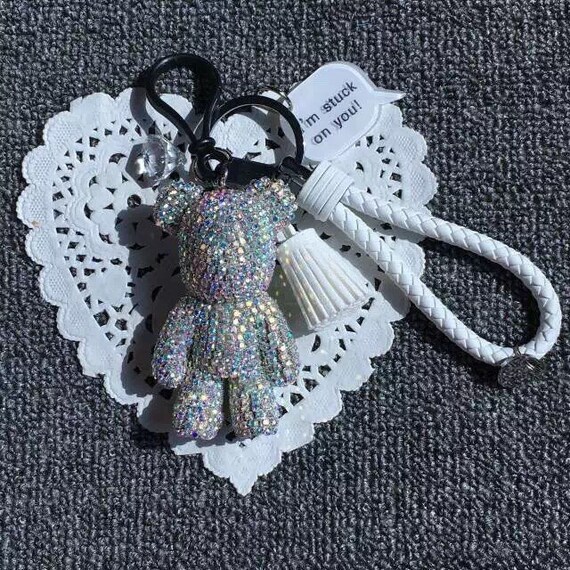 Cute 3 Inch Teddy Bear Keychains Pink Tassel Leather Rope