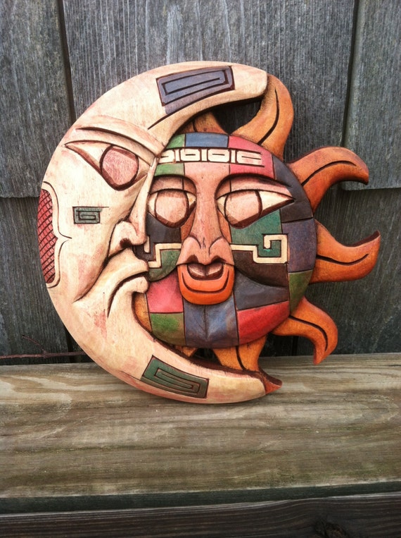 Sun Moon Maya Mayan Aztec Wood Mask Hand by MateosMayanMasks