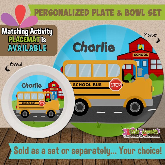 Personalized School Bus Plate and Bowl Set by 3littleflowers