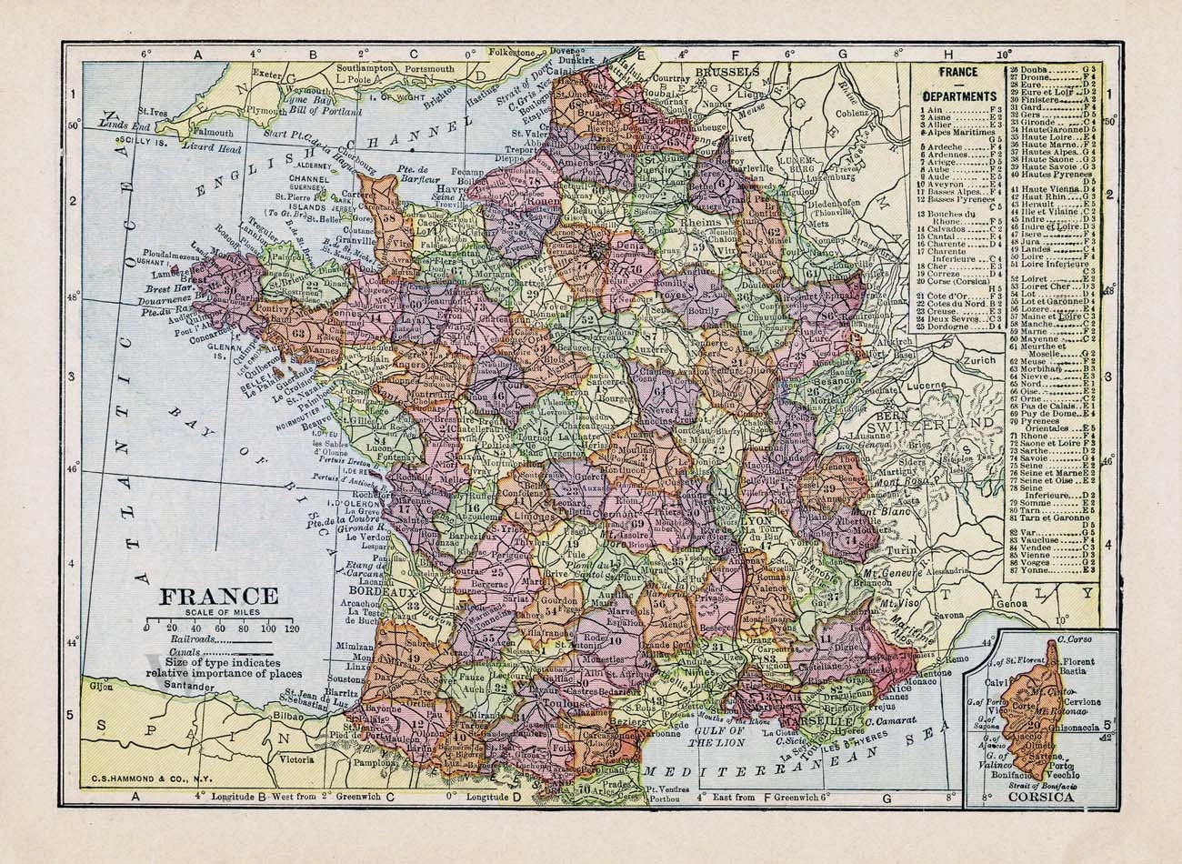 France map 1915. Shows all the departments Paris Corsica.