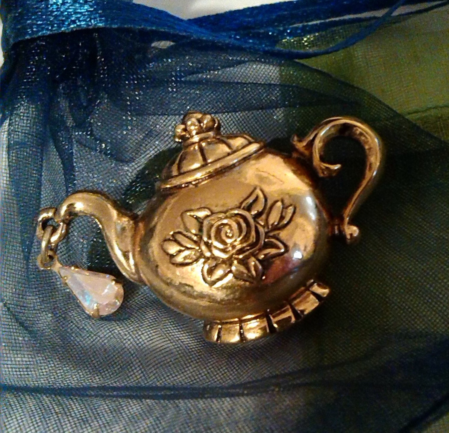 Gold Tone Teapot Pin with Rhinestone Drop Droplet Gem at Spout Rose ...