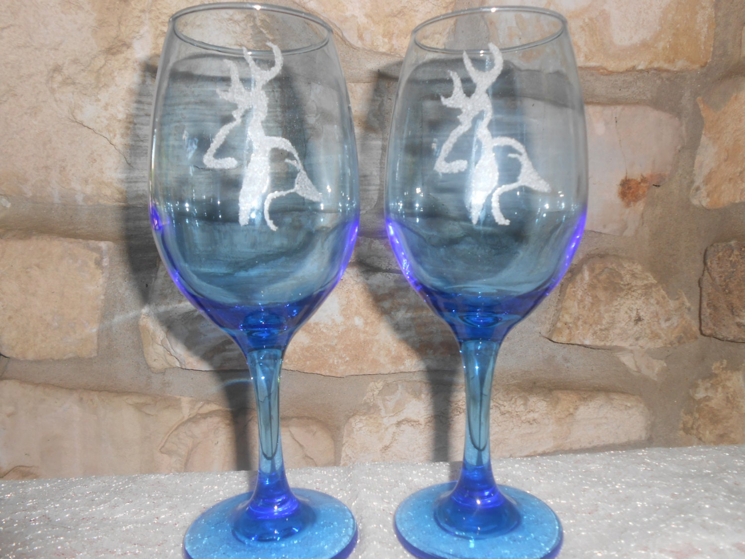 Deer and Duck Etched Wine Goblets Couples Gift Idea