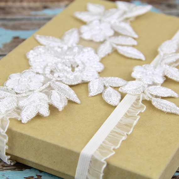 Ivory Pearl Beaded Flower Lace Wedding Garter Set Ivory Lace
