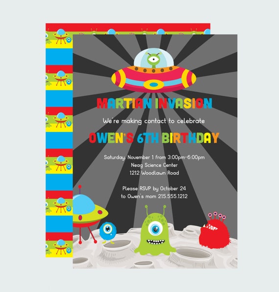 Alien Birthday Party Invitations Boys Space by PaperCleverParty