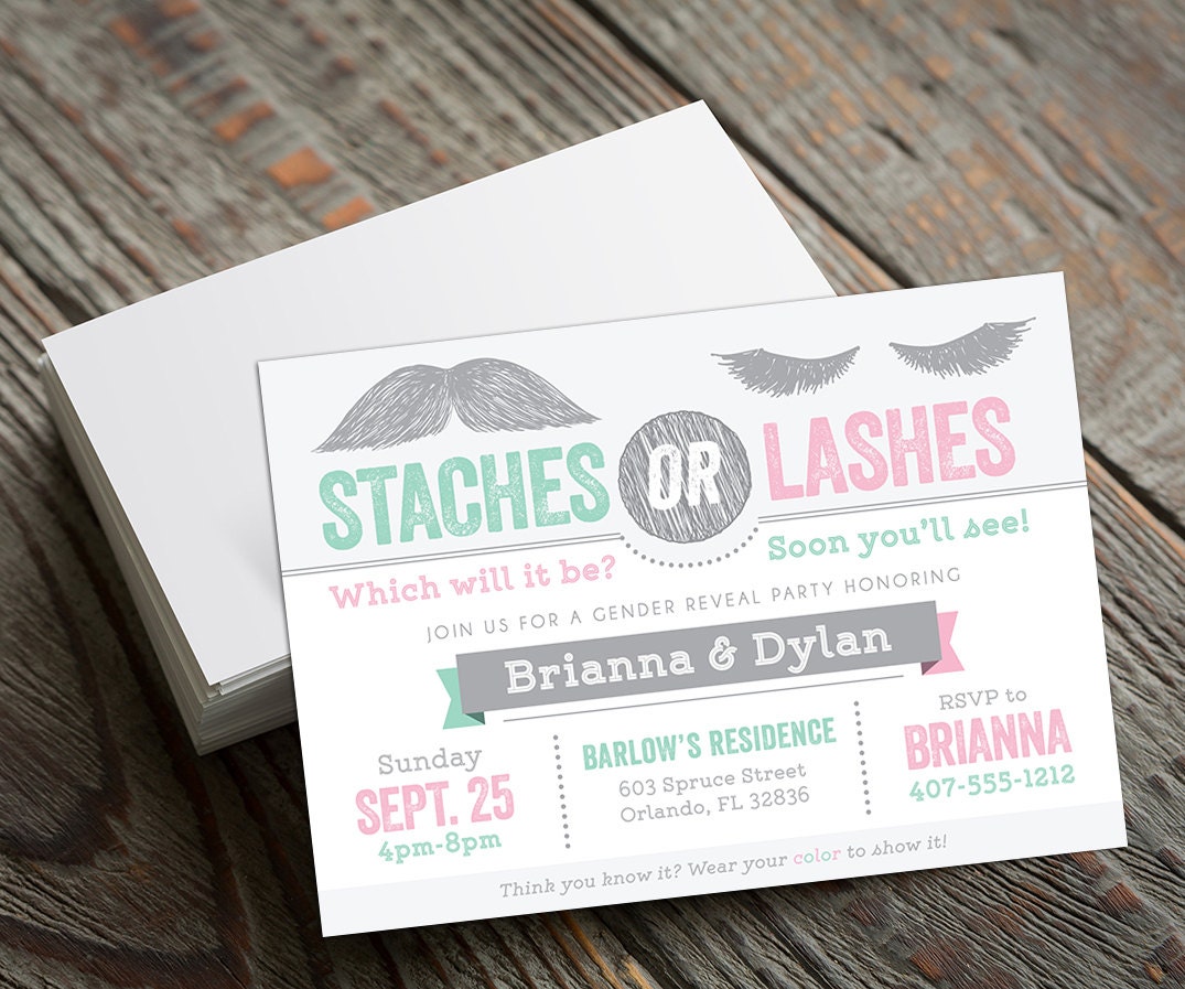 Staches or Lashes Gender Reveal Invitation Printable Lashes